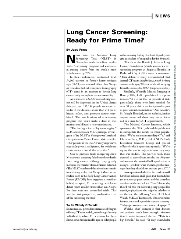 (PDF) Lung Cancer Screening: Ready for Prime Time?