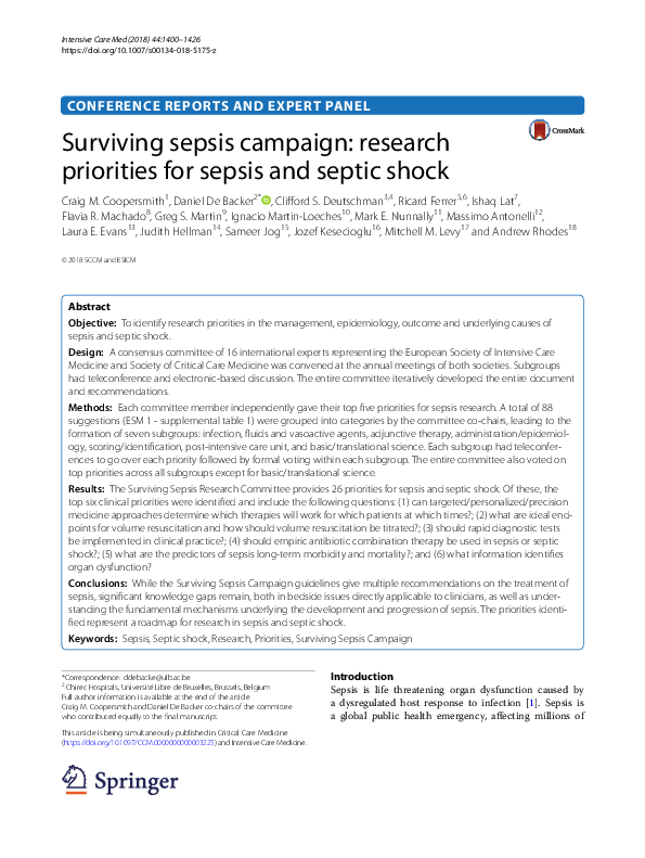 (PDF) Surviving sepsis campaign: research priorities for sepsis and ...
