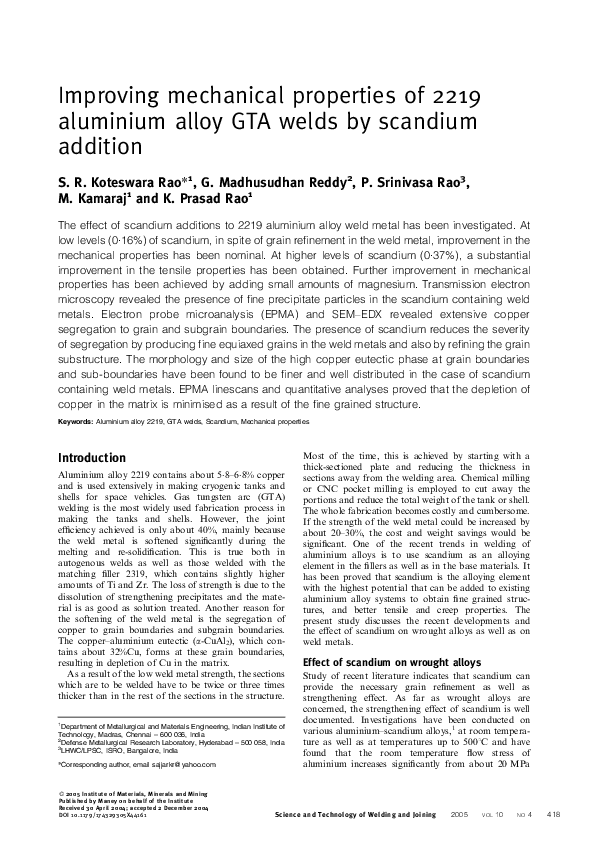 (PDF) Improving mechanical properties of 2219 aluminium alloy GTA welds ... (PDF) Improving mechanical properties of 2219 aluminium alloy GTA welds ...
