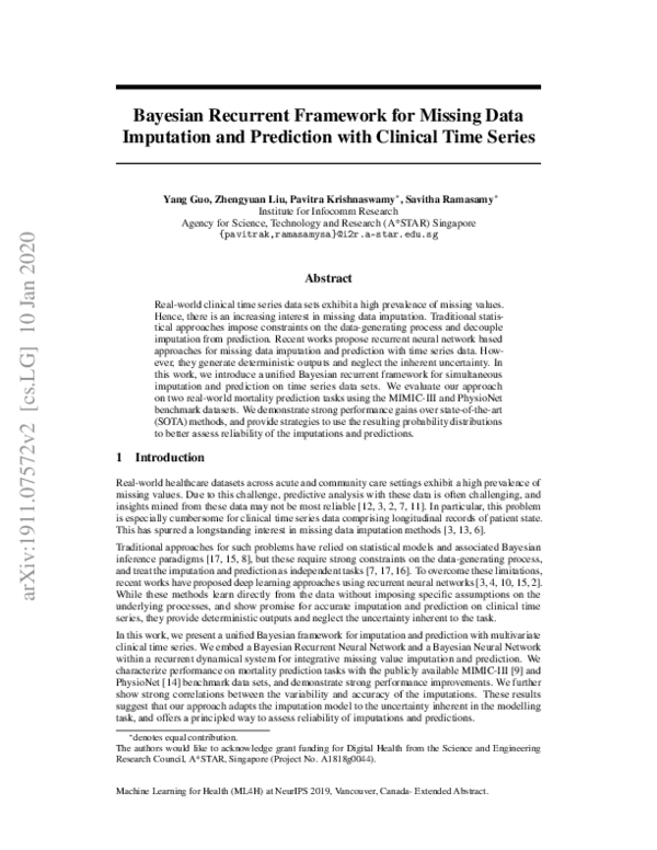 Pdf Bayesian Recurrent Framework For Missing Data Imputation And Prediction With Clinical Time