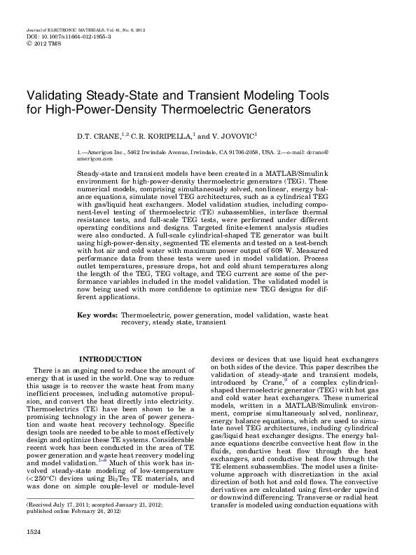 Pdf Validating Steady State And Transient Modeling Tools For High