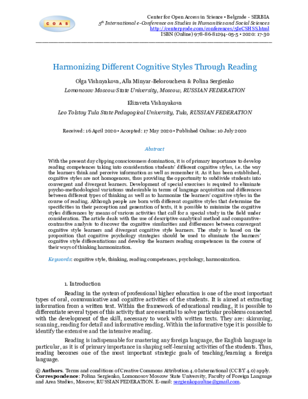 (PDF) Harmonizing different cognitive styles through reading (PDF) Harmonizing different cognitive styles through reading