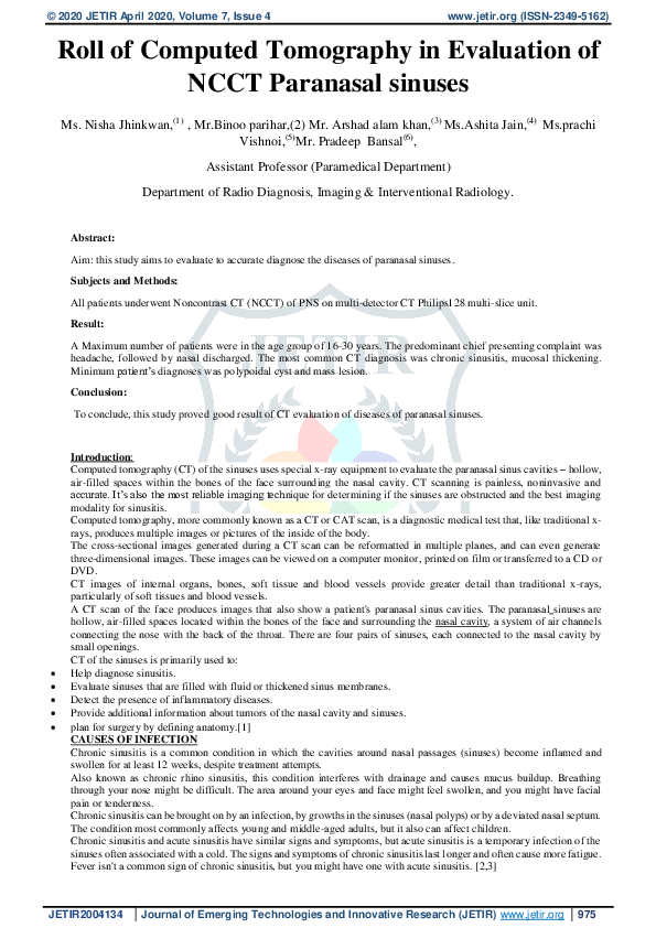 (PDF) Roll of Computed Tomography in Evaluation of NCCT Paranasal sinuses