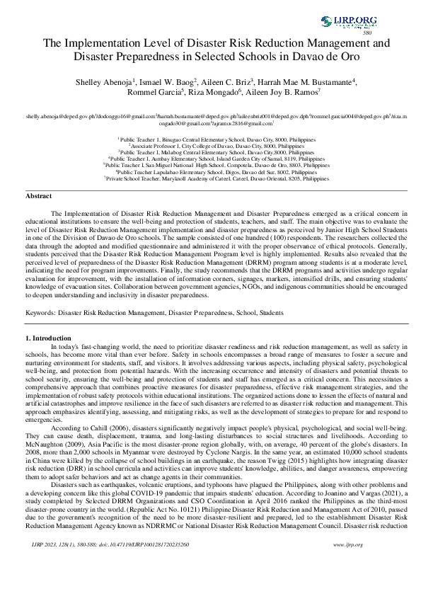 (PDF) The Implementation Level of Disaster Risk Reduction Management ...