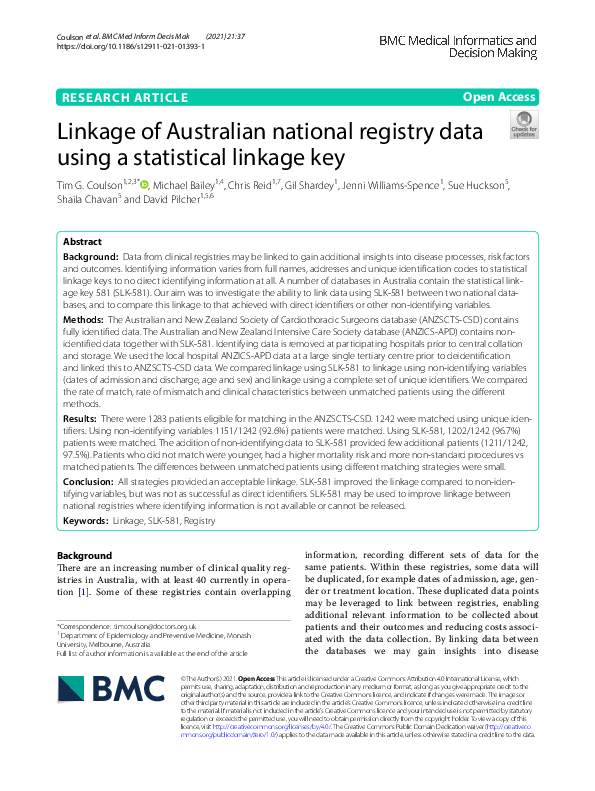(PDF) Linkage of Australian national registry data using a statistical ...