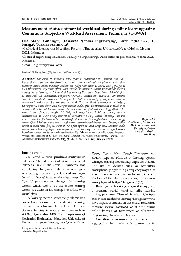 (PDF) Measurement of student mental workload during online learning ...
