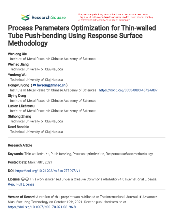 (PDF) Process Parameters Optimization for Thin-walled Tube Push-bending Using Response Surface ...