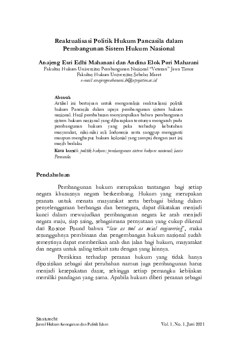 (PDF) Reaktualisasi Politik Hukum Pancasila dalam Pembangunan Sistem Hukum Nasional