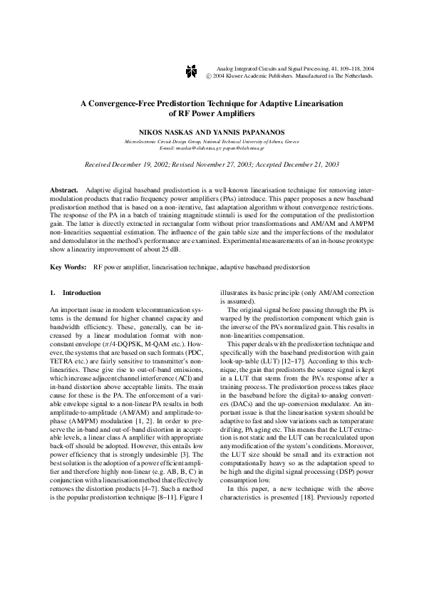 (PDF) A Convergence-Free Predistortion Technique for Adaptive Linearisation of RF Power Amplifiers
