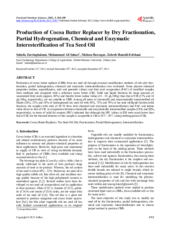 (PDF) Production of Cocoa Butter Replacer by Dry Fractionation, Partial Hydrogenation, Chemical ...