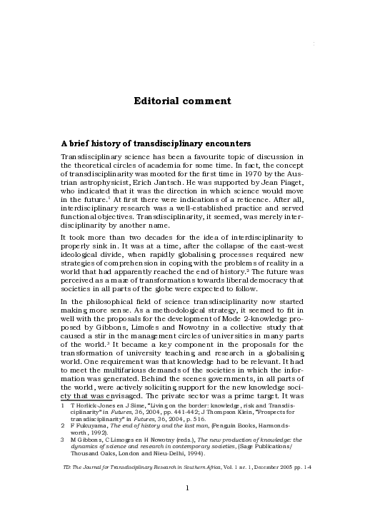 (PDF) Editorial comment: a brief history of transdisciplinary encounters