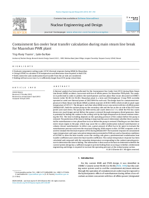 (PDF) Containment fan cooler heat transfer calculation during main ...