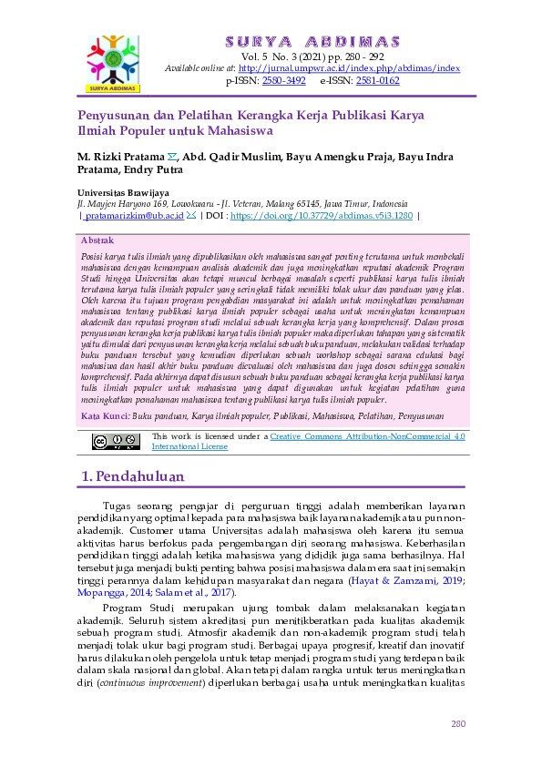 (PDF) Penyusunan dan Pelatihan Kerangka Kerja Publikasi Karya Ilmiah Populer untuk Mahasiswa