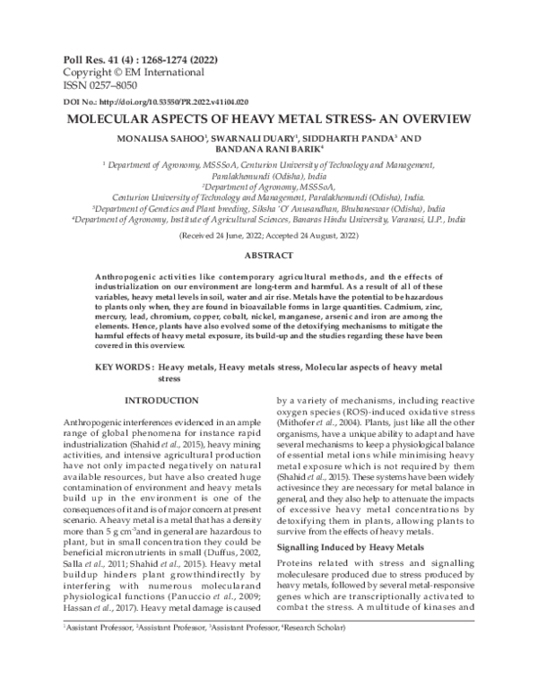 (PDF) Molecular Aspects of Heavy Metal Stress- an Overview