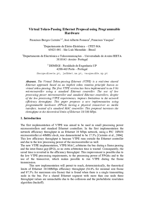 (PDF) Virtual Token-Passing Ethernet Proposal using Programmable Hardware