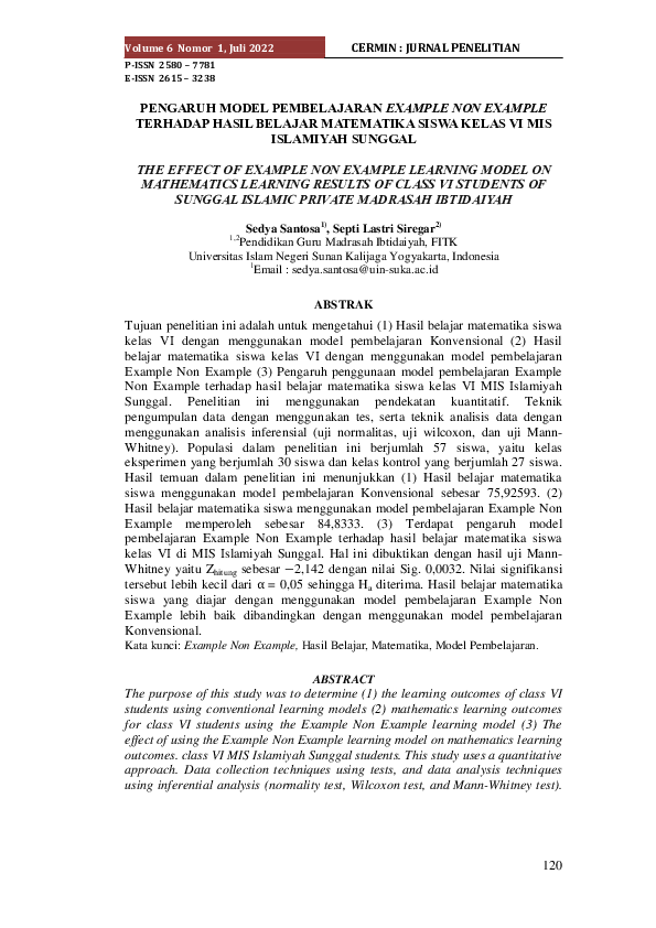 (PDF) Pengaruh Model Pembelajaran Example Non Example Terhadap Hasil Belajar Matematika Siswa ...