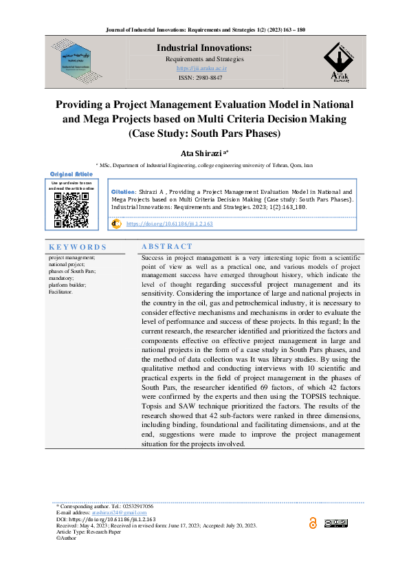 (PDF) Providing a Project Management Evaluation Model in National and Mega Projects based on ...