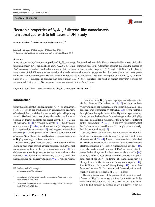 (PDF) Electronic properties of B12N12 fullerene–like nanoclusters functionalized with Schiff ...
