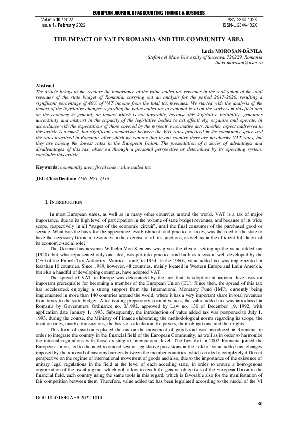 (PDF) The Impact of Vat in Romania and the Community Area