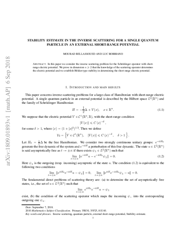 (PDF) Stability estimate in the inverse scattering for a single quantum particle in an external ...