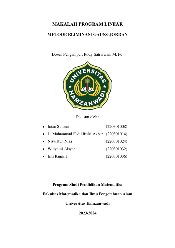 (PDF) MAKALAH PROGRAM LINEAR METODE ELIMINASI GAUSS-JORDAN