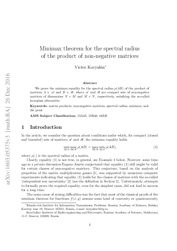 (PDF) Minimax theorem for the spectral radius of the product of non-negative matrices | Victor ...