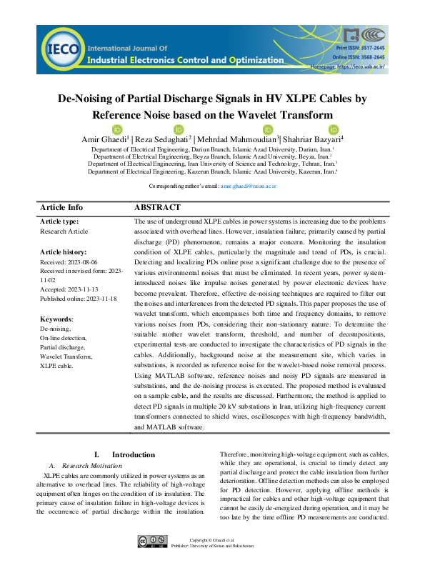 (PDF) De-Noising of Partial Discharge Signals in HV XLPE Cables by Reference Noise based on the ...