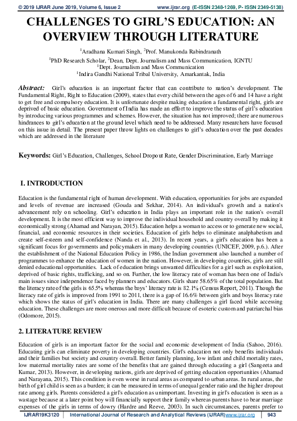(PDF) CHALLENGES TO GIRL'S EDUCATION: AN OVERVIEW THROUGH LITERATURE