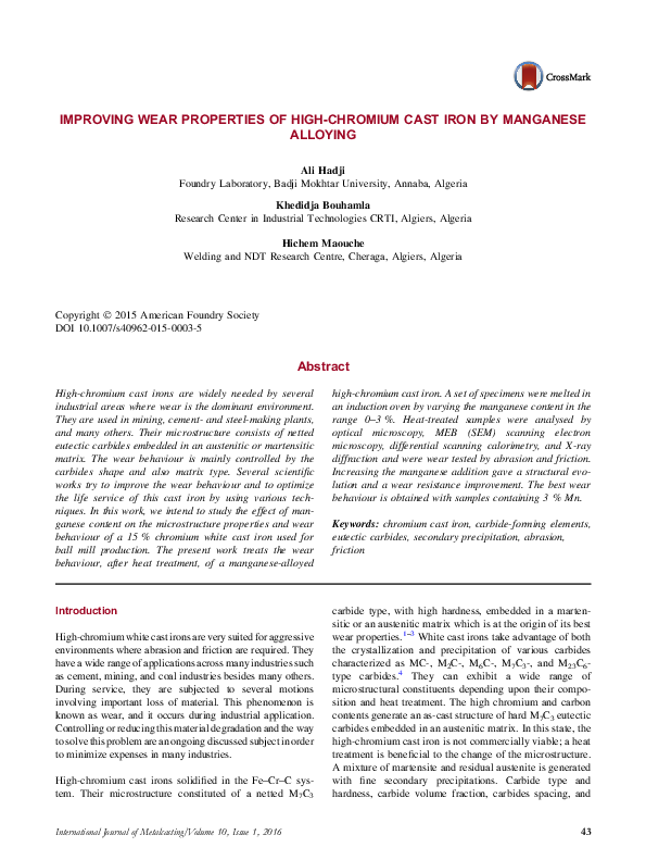 (PDF) Improving Wear Properties of High-Chromium Cast Iron by Manganese Alloying | Hichem ...