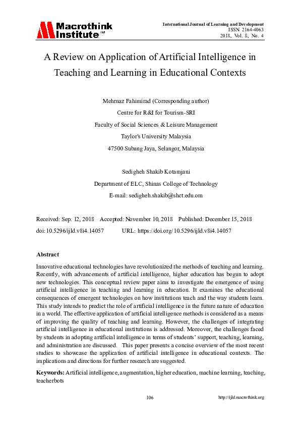 (PDF) A Review on Application of Artificial Intelligence in Teaching ...