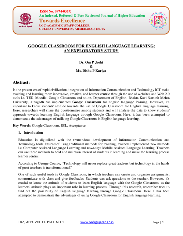 (PDF) GOOGLE CLASSROOM FOR ENGLISH LANGUAGE LEARNING: AN EXPLORATORY STUDY