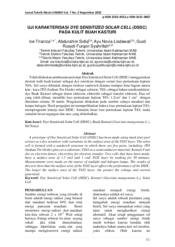 (PDF) Uji Karakterisasi Dye Sensitized Solar Cell (DSSC) Pada Kulit Buah Kasturi