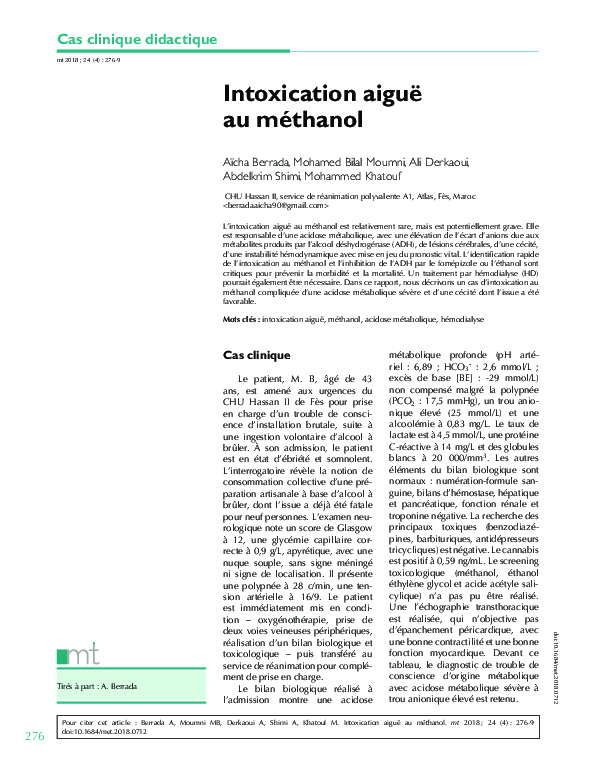(PDF) Intoxication aiguë au méthanol