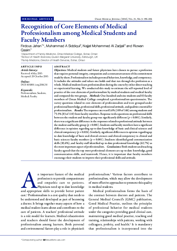 (PDF) Recognition of Core Elements of Medical Professionalism among ...