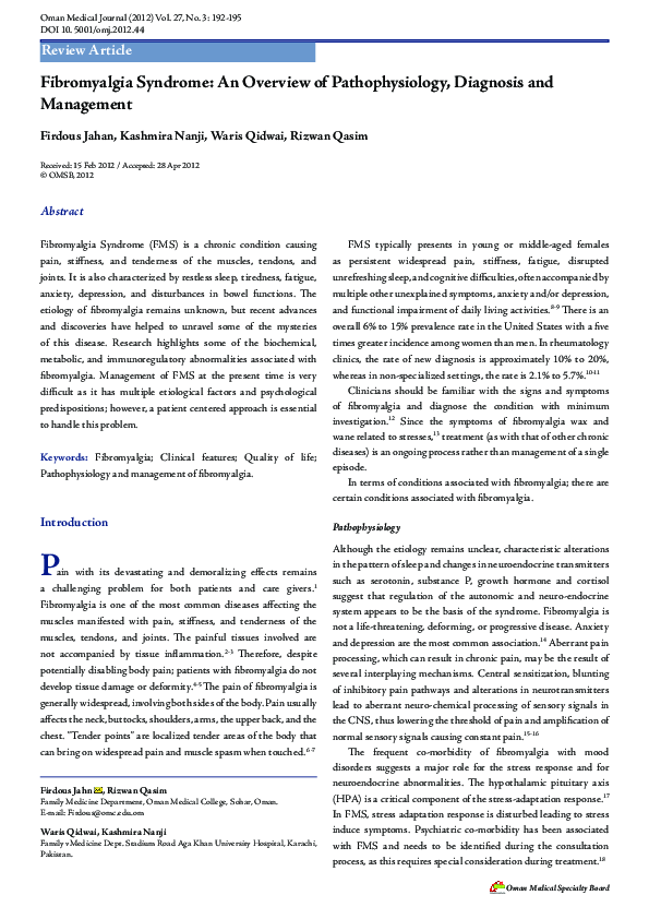 (PDF) Fibromyalgia Syndrome: An Overview of Pathophysiology, Diagnosis ...