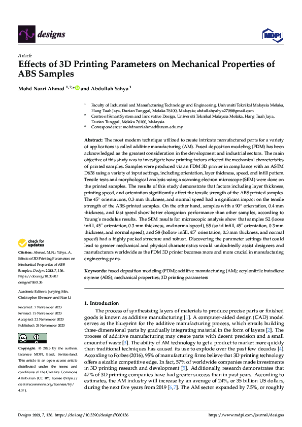 (PDF) Effects of 3D Printing Parameters on Mechanical Properties of ABS Samples