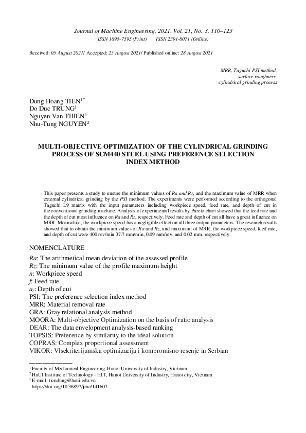 (PDF) Multi-objective optimization of the cylindrical grinding process of SCM440 steel using ...