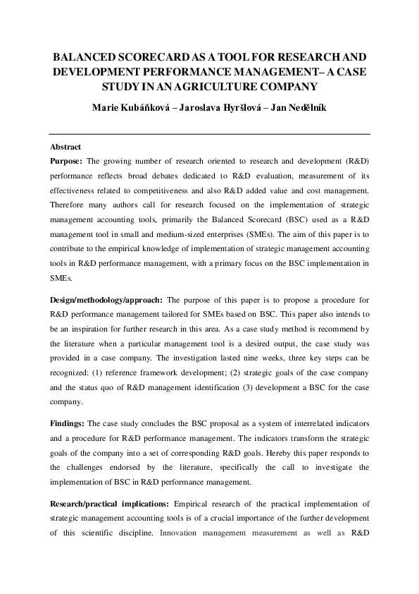 (PDF) Balanced Scorecard as a tool for research and development performance management – a case ...