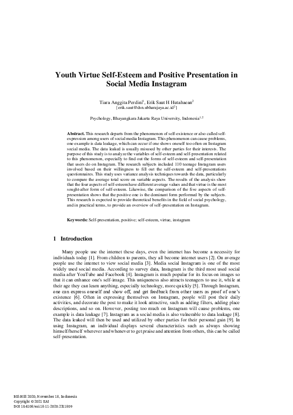 (PDF) Youth Virtue Self-Esteem and Positive Presentation in Social Media Instagram | tiara ...