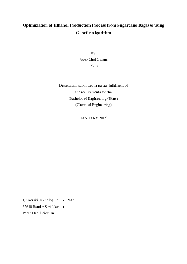 (PDF) Optimization of Ethanol Production Process from Sugarcane Bagasse using Genetic Algorithm