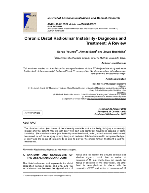 (PDF) Chronic Distal Radioulnar Instability- Diagnosis and Treatment: A Review