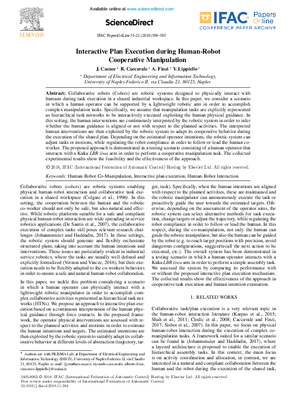 Pdf Interactive Plan Execution During Human Robot Cooperative Manipulation