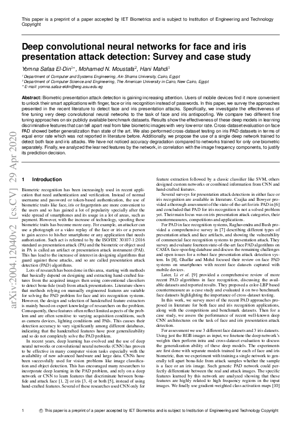 (PDF) Deep convolutional neural networks for face and iris presentation attack detection: Survey ...