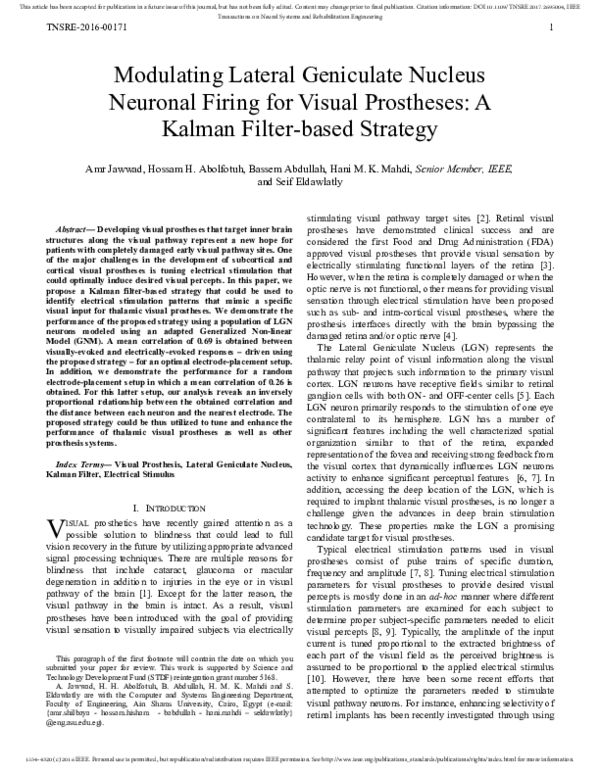 (PDF) Modulating Lateral Geniculate Nucleus Neuronal Firing for Visual Prostheses: A Kalman ...