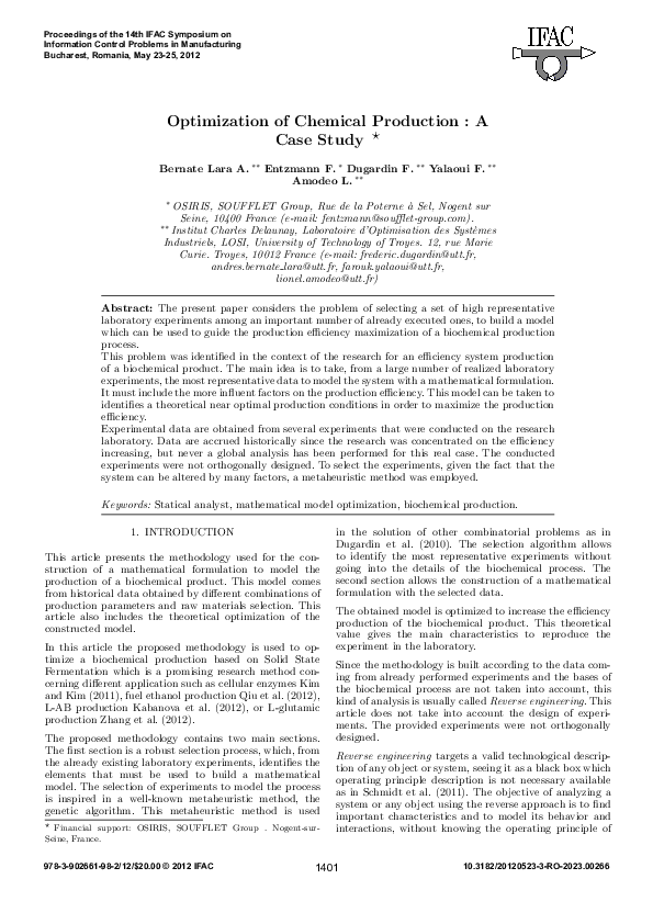 (PDF) Optimization of Chemical Production : A Case Study