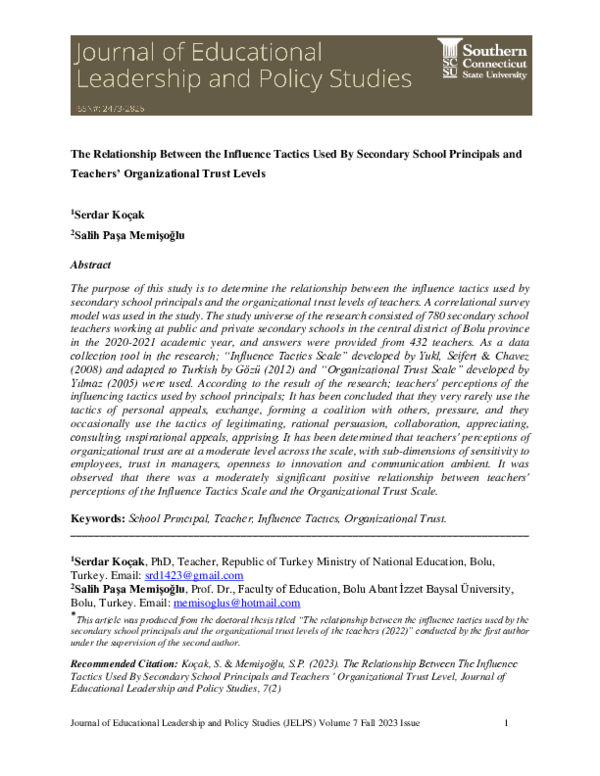 (PDF) The Relationship Between the Influence Tactics Used By Secondary School Principals and ...