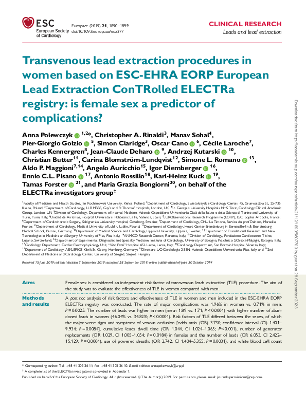 (PDF) Transvenous lead extraction procedures in women based on ESC-EHRA ...