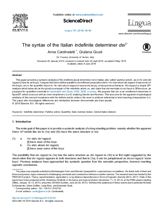 (PDF) The syntax of the Italian indefinite determiner dei