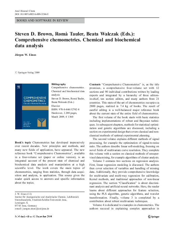 (PDF) Comprehensive Chemometrics: Set: Chemical and Biochemical Data Analysis