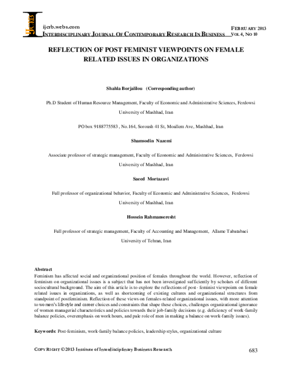 (PDF) Reflections of post feminist viewpoints on female related issues in organizations